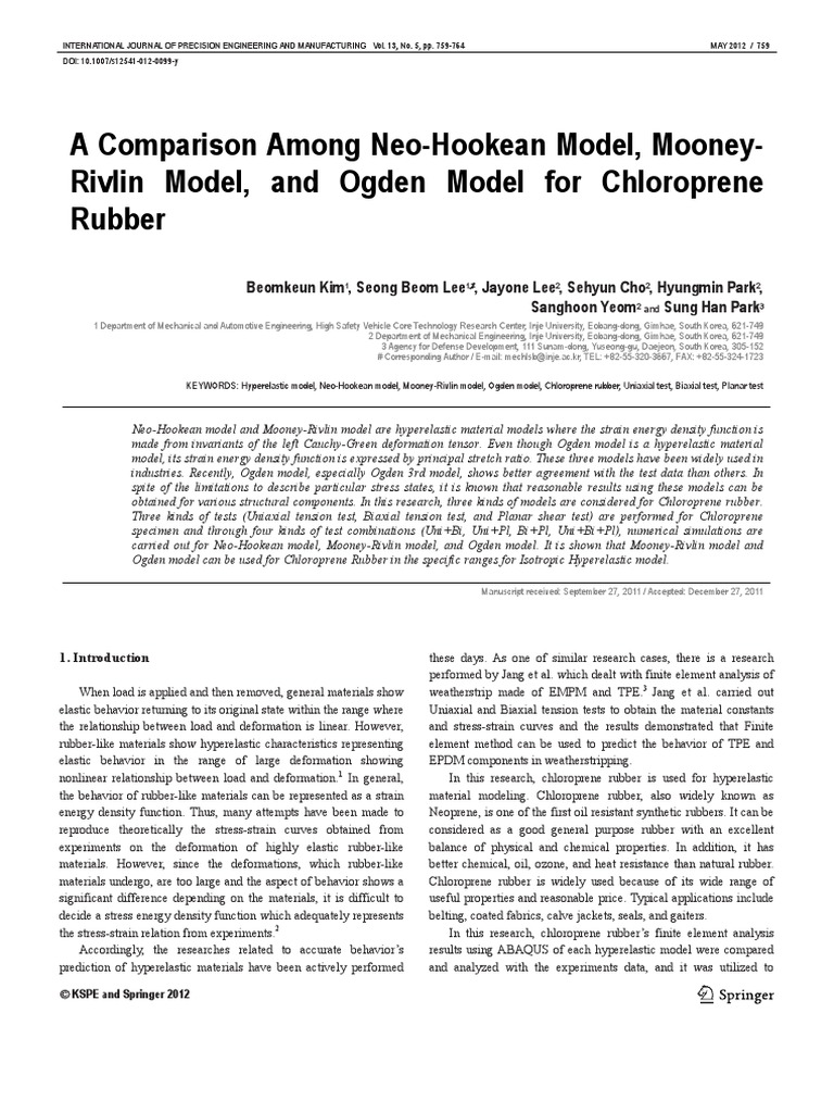 A Comparison Among Neo-Hookean Model, Mooney-Rivlin Model, and Ogden ...