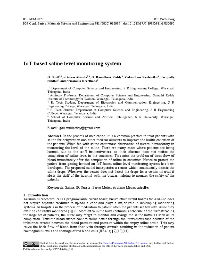 IoT Based Saline Level Monitoring System | PDF | Saline (Medicine) | Internet Of Things
