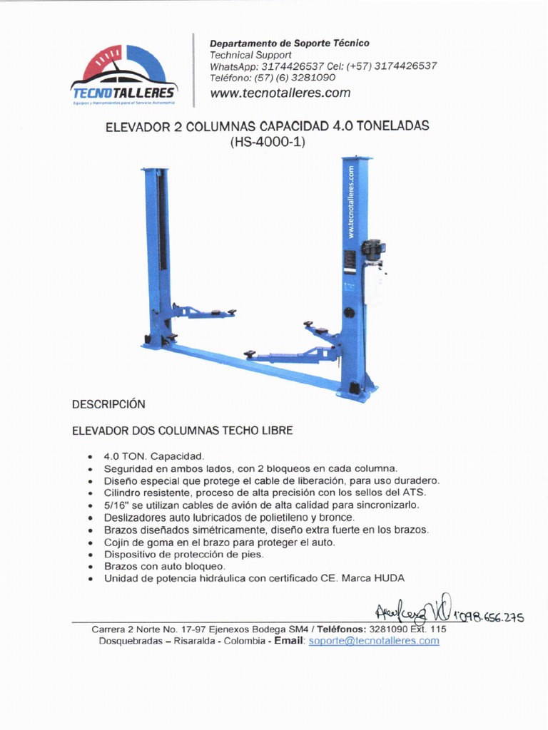 Ficha Tecnica Elevador 2 Columnas | PDF