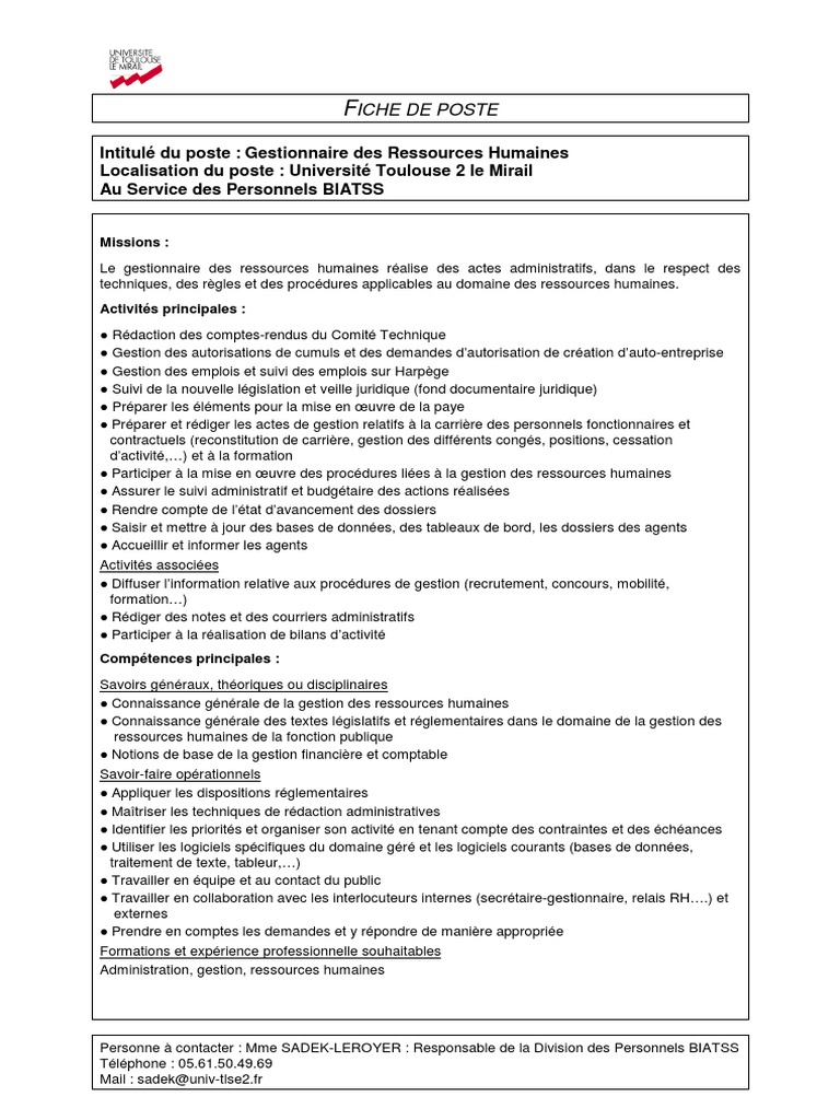 Fiche de poste : Gestionnaire RH Université | PDF | Gestion des ...