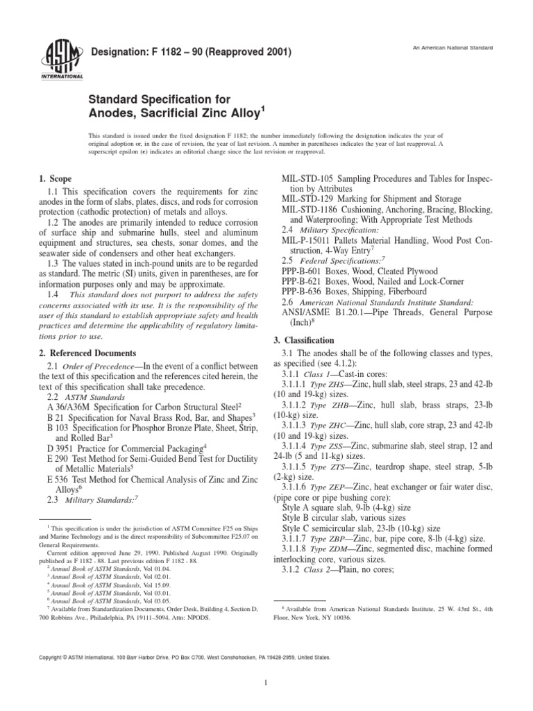 Anodes, Sacrificial Zinc Alloy: Standard Specification For | PDF | Pipe ...