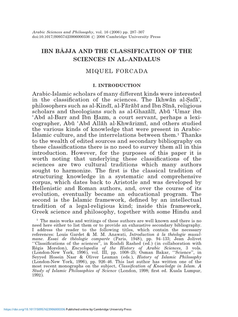 Ibn Bajja and The Classification of The Sciences in Al Andalus | PDF ...