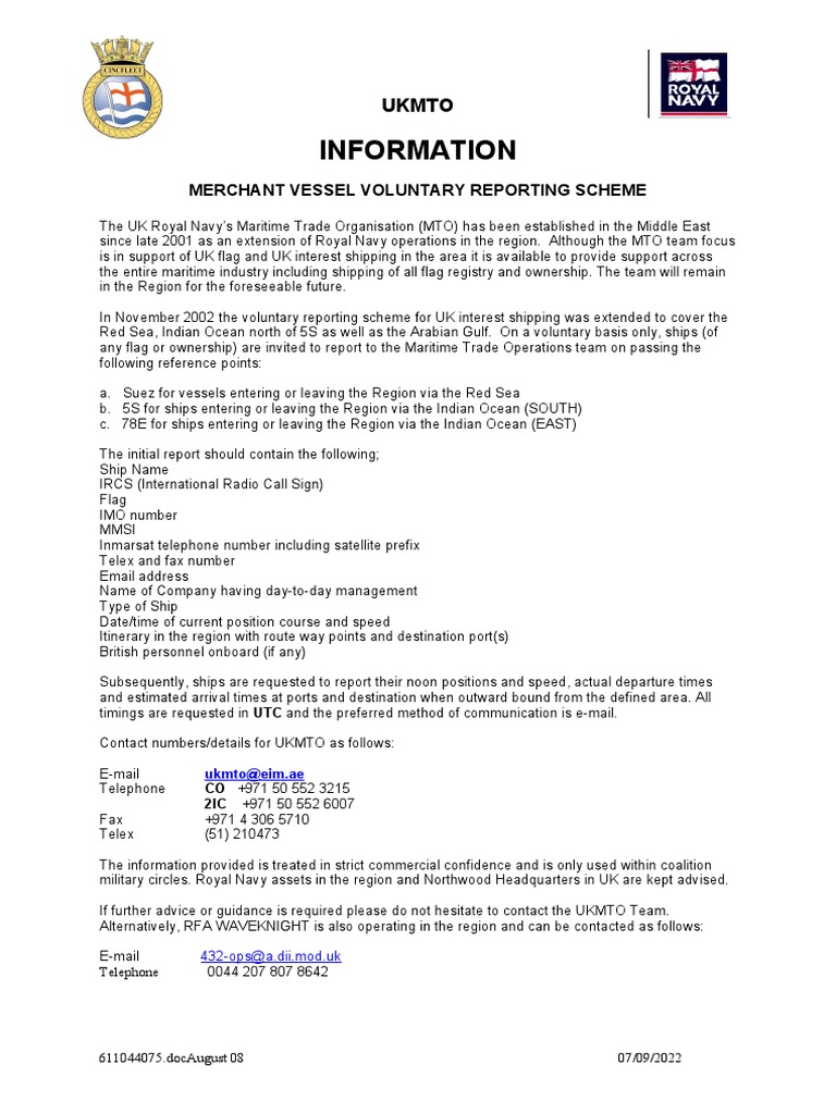 UKMTO Merchant Vessel Reporting Guide | PDF | Water Transport | Shipping