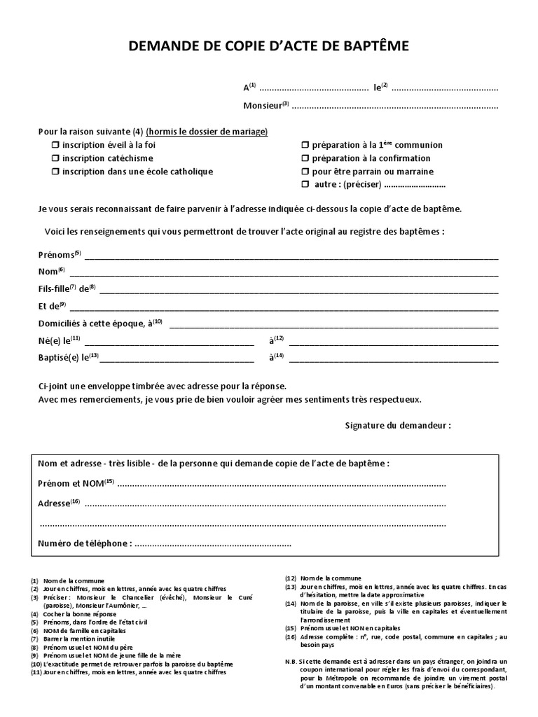 Demande Copie Acte de Bapteme | PDF