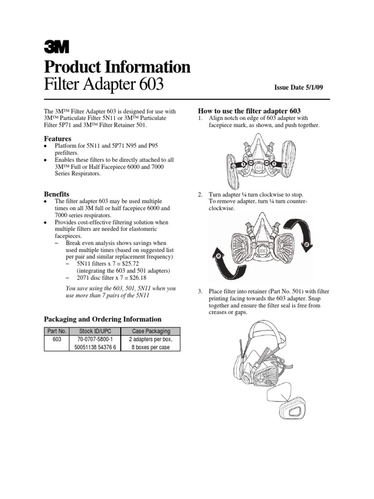 3M 6000 Series Respirator Filter Adapter 603 | PDF
