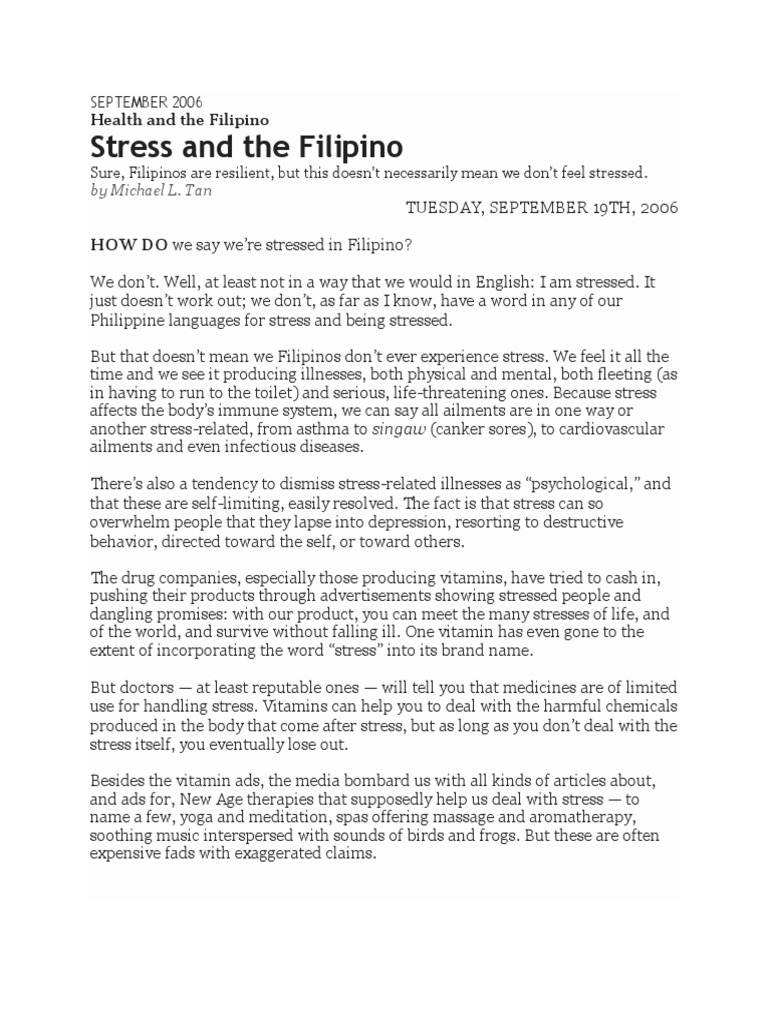 Stress and The Filipino - Michael Tan | PDF | Stress (Biology) | Machismo