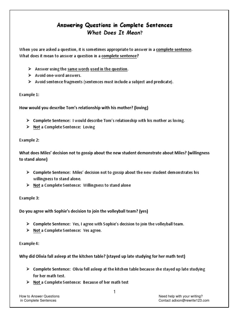 Answering Questions in Complete Sentences | PDF | Question | Poetry