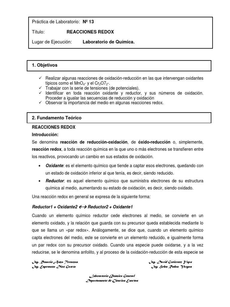 PRACTICA 13 (Reacciones REDOX) | PDF | Redox | Ingeniería de Procesos Químicos