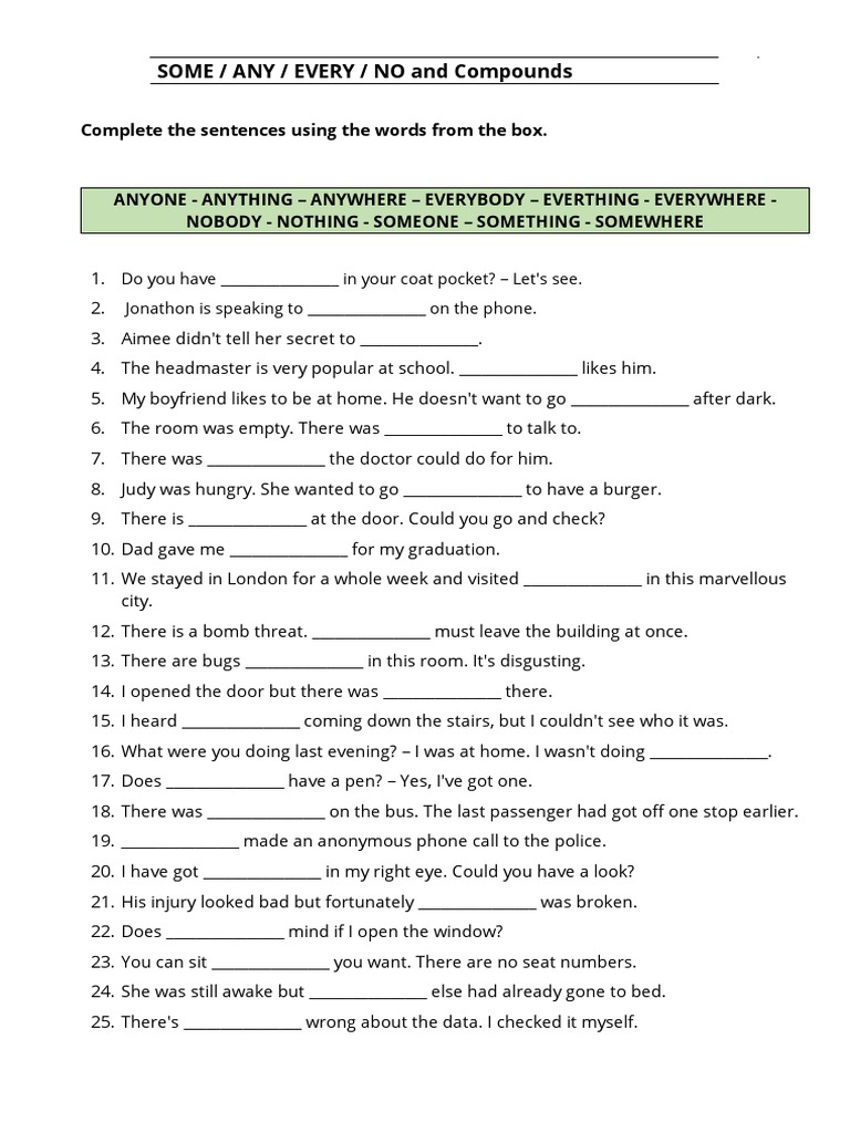 Exercises on Some, Any, Every, No | PDF