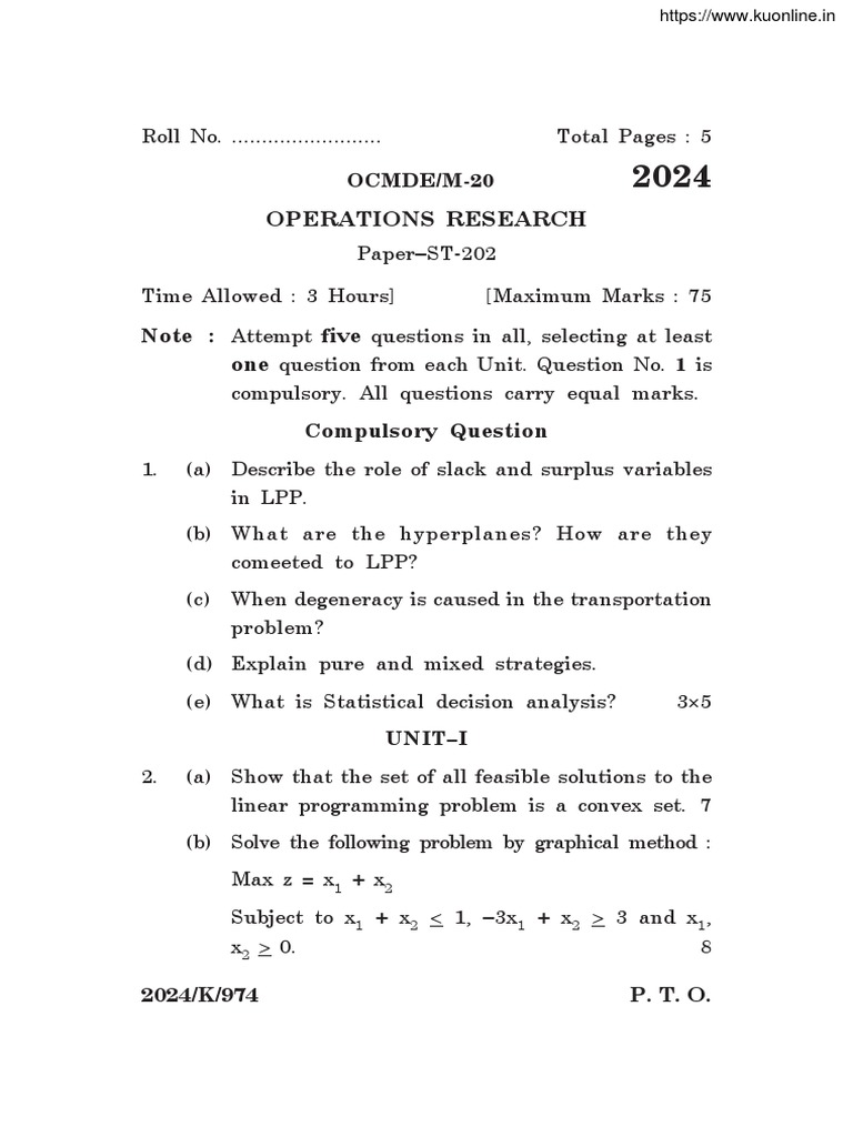 MSC 2 Sem Statistics Operations Research 2024 2020 | PDF | Linear ...