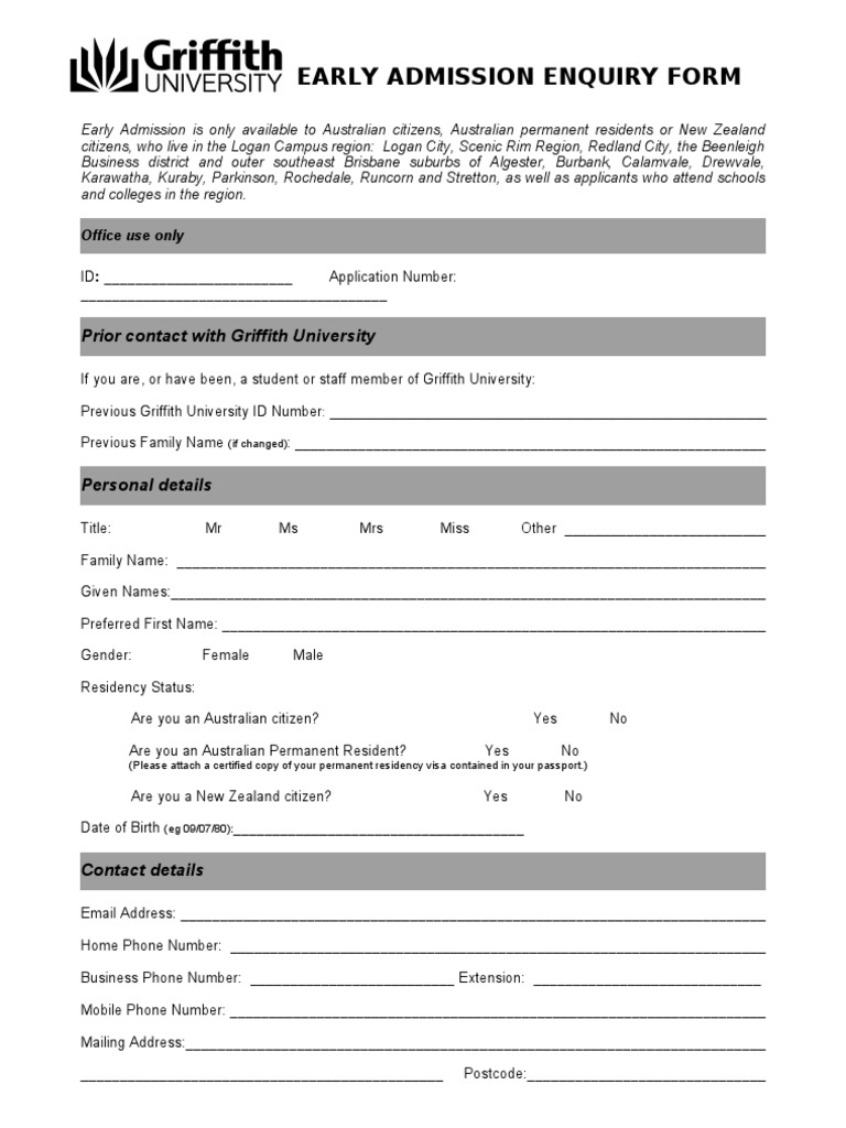 Early Admission Enquiry Form | PDF