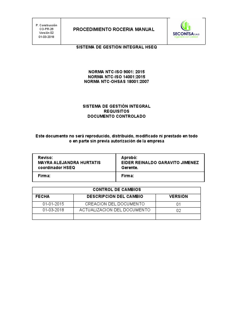 Co-Pr-26 Procedimeinto Roceria Manual | PDF