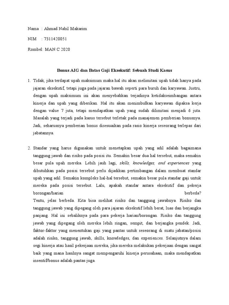 Ahmad Nabil Makarim - 7311420051 - Tugas Bonus AIG Dan Batas Gaji Eksekutif | PDF | Karier ...