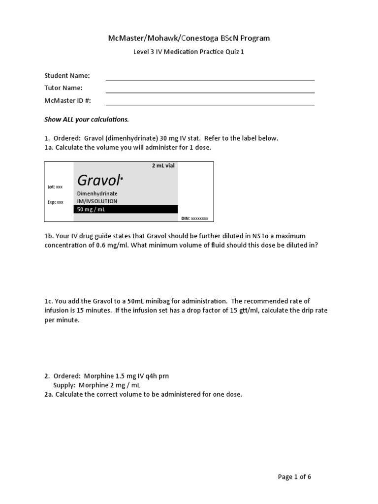 IV Medication PRACTICE Quiz 1 F2022 | PDF | Intravenous Therapy | Syringe