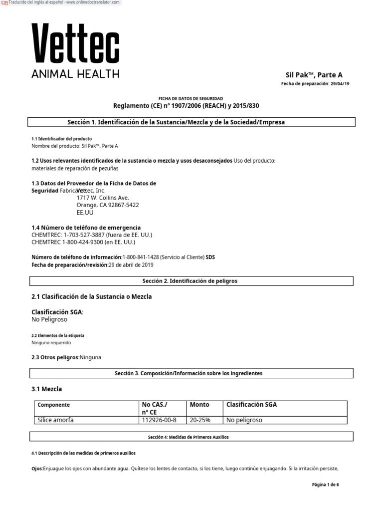 Sil Pak, Part A REACH SDS (04-29-19) .En - Es | PDF | Agua | Carbón