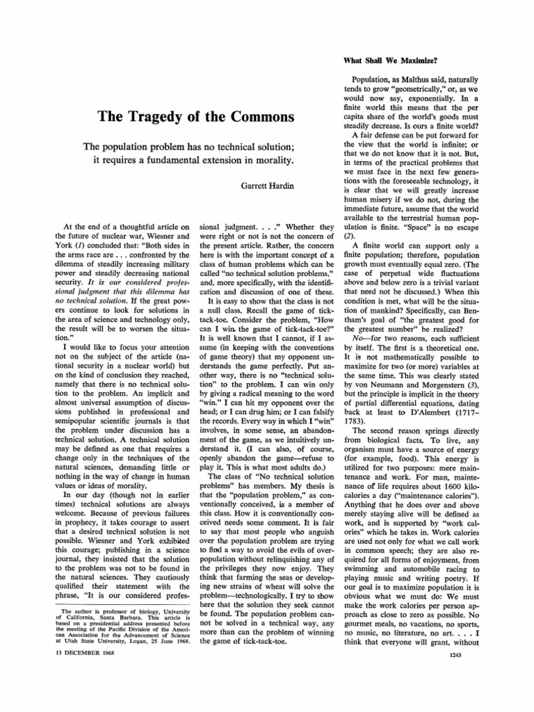 11 - Hardin 1968 - The Tragedy of The Commons | PDF | Conscience