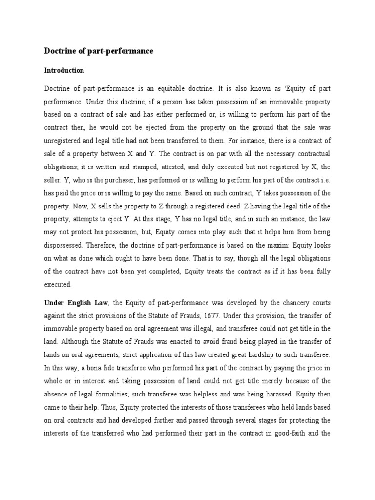 Doctrine of Part-Performance | PDF | Equity (Law) | Title (Property)