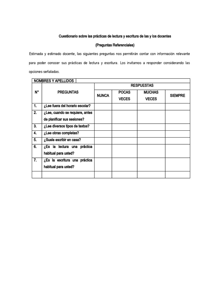 Encuesta de Lectura y Escritura Docente | PDF | Cuestionario
