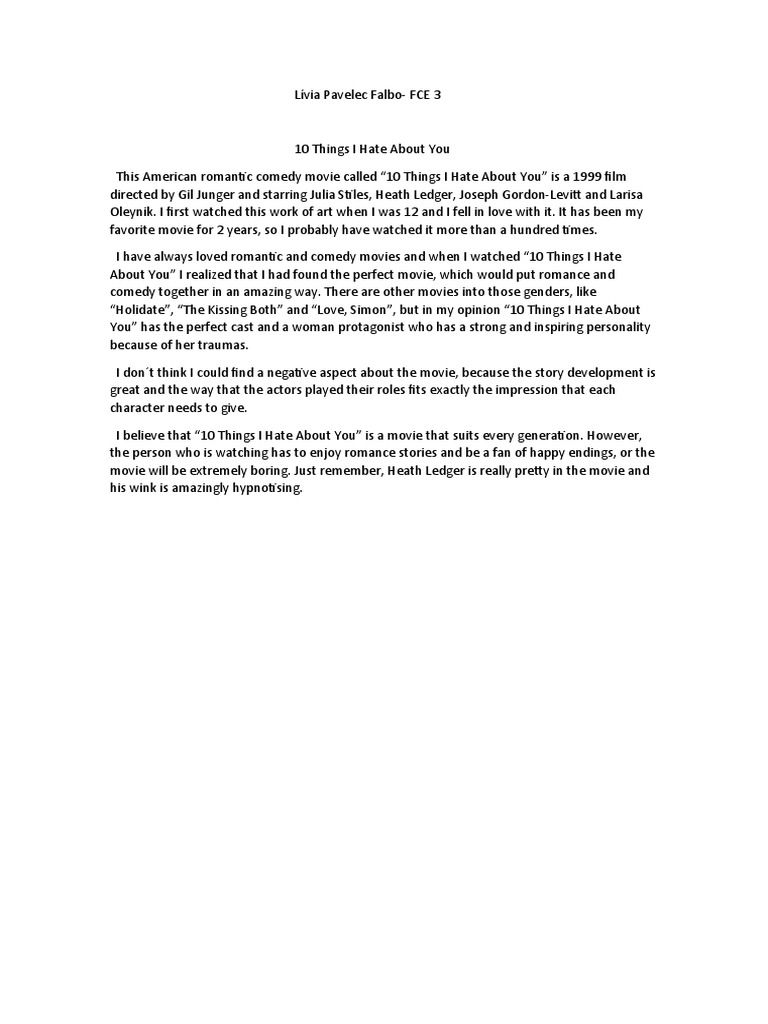 10 Things I Hate About You - Writing Lívia Pavelec Falbo (FCE 3) | PDF ...