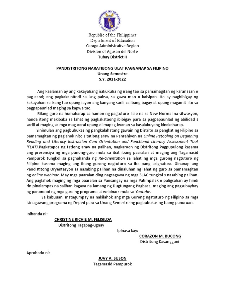 District Filipino Narrative Report 2021 2022 | PDF
