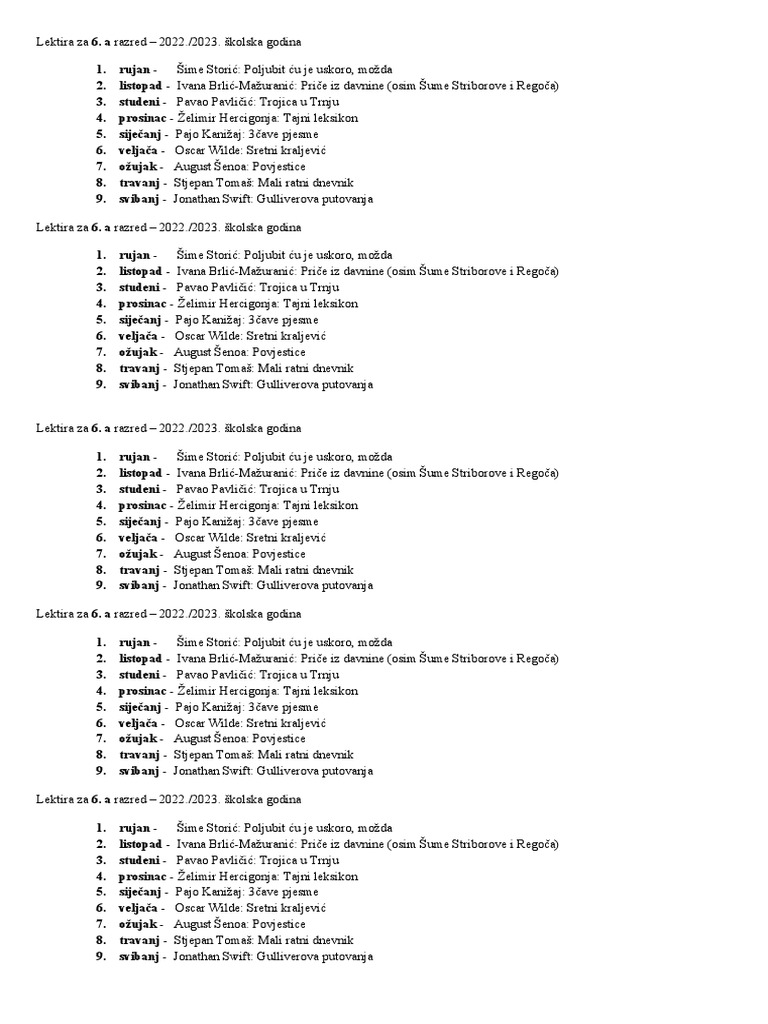Lektira Za 6 A Razred - Popis - Orahovica 2022. 2023 (Moj) | PDF