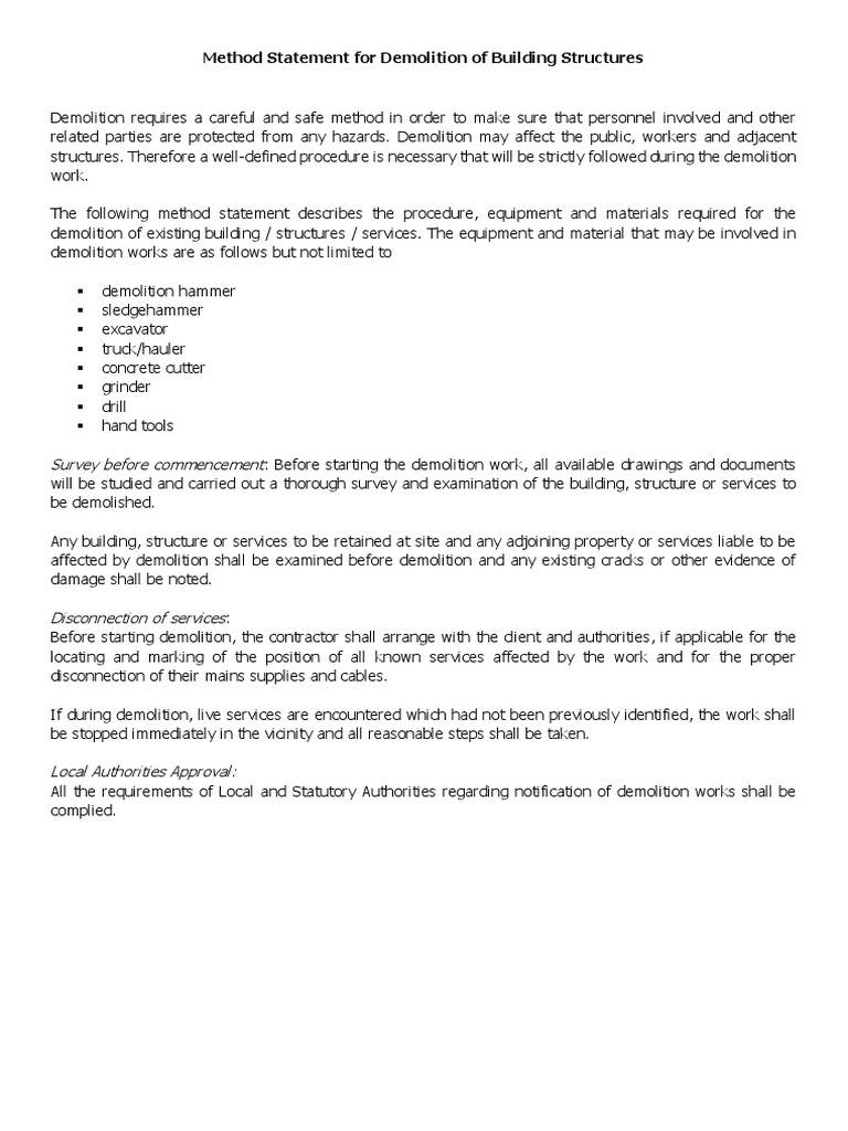 Method Statement For Demolition of Building Structures 1 | PDF | Demolition