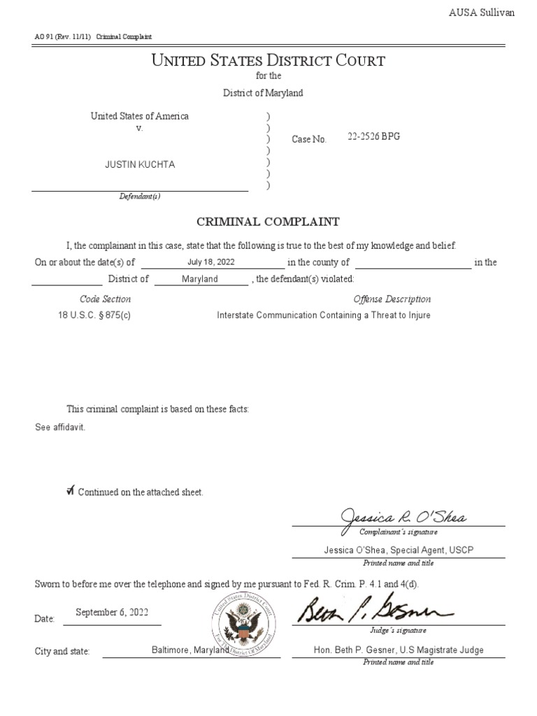 Justin Kuchta Criminal Complaint And Affidavit Pdf Affidavit