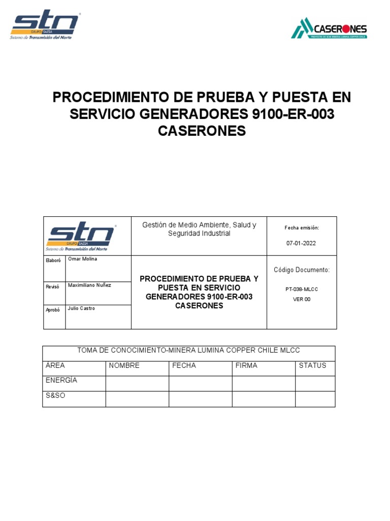 PT 038 MLCC Prueba y Puesta en Servicio Generadores 9100-Er-003 ...