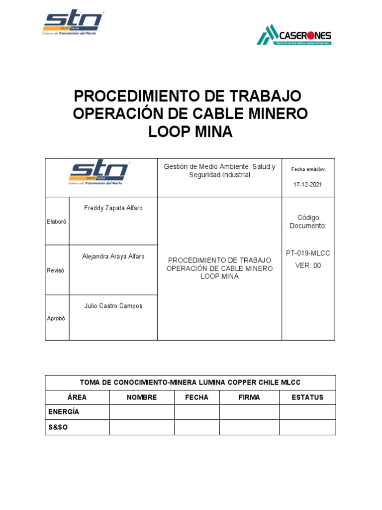 PT 019 MLCC Op. Cable Minero Loop Mina REV 17.12.2021 OK | PDF | Minería | Ultravioleta