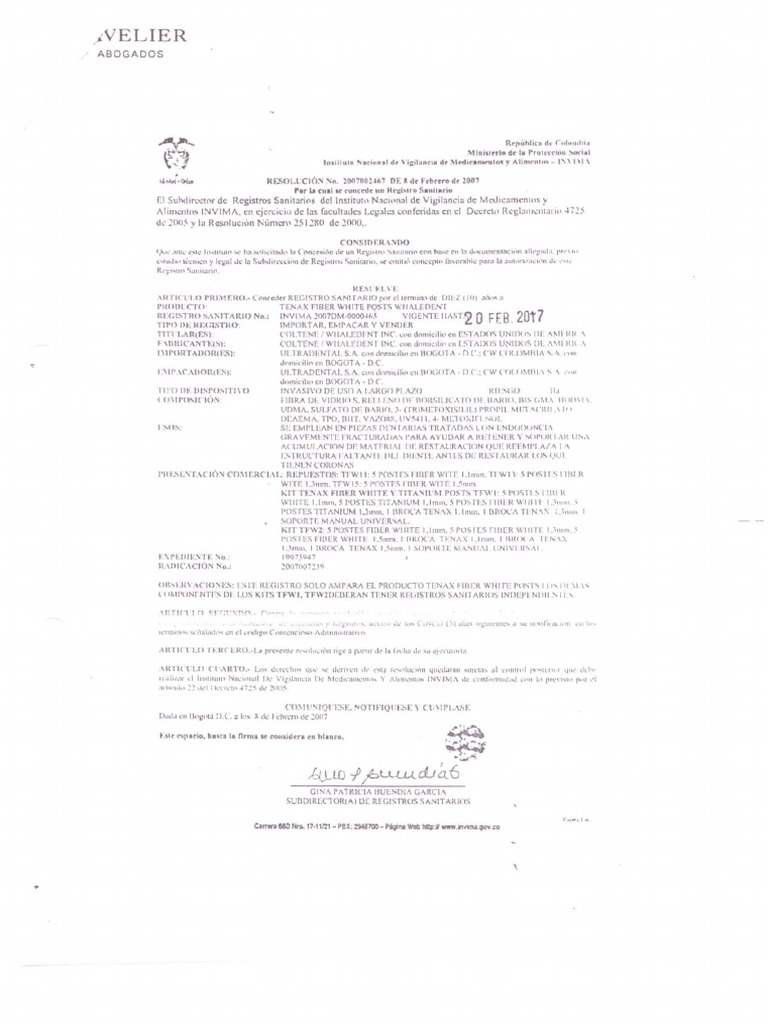 INVIMA 2007DM-0000465 (Tenax Fiber White) | PDF