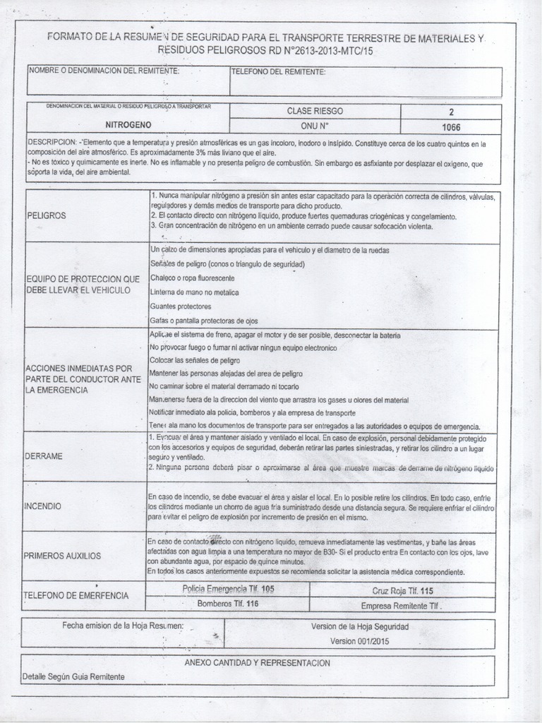 Formato Resumen de Seguridad Transporte Matpel | PDF