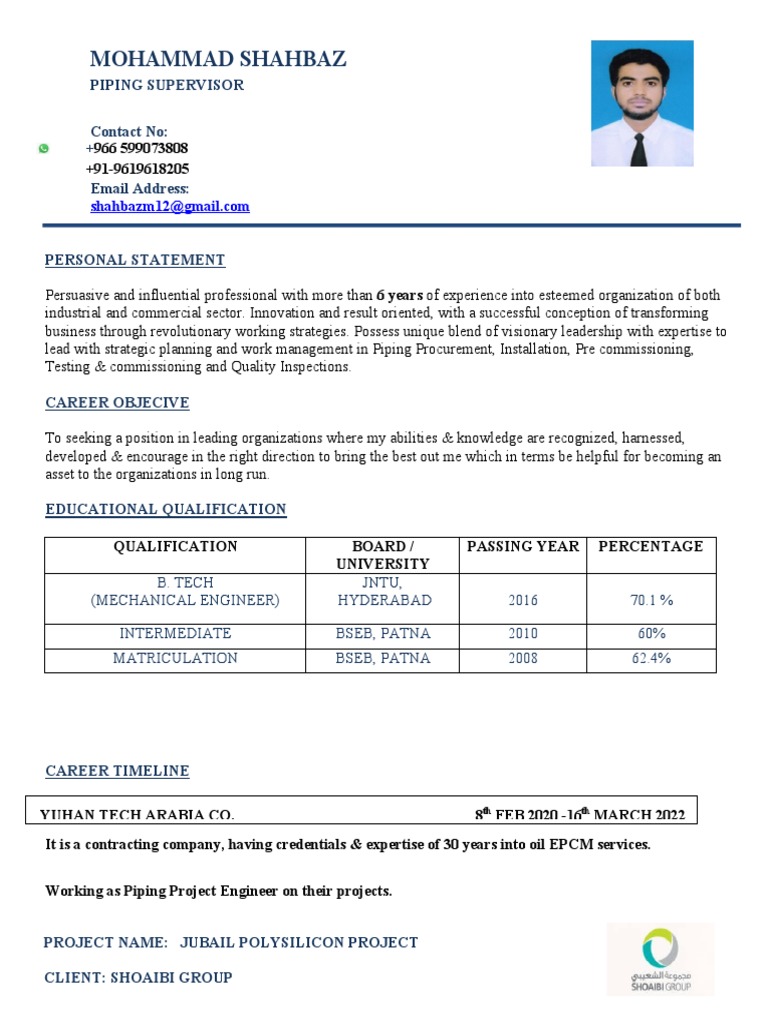 Piping Supervisor CV - 6+ Years Experience | PDF | Mechanical Engineering