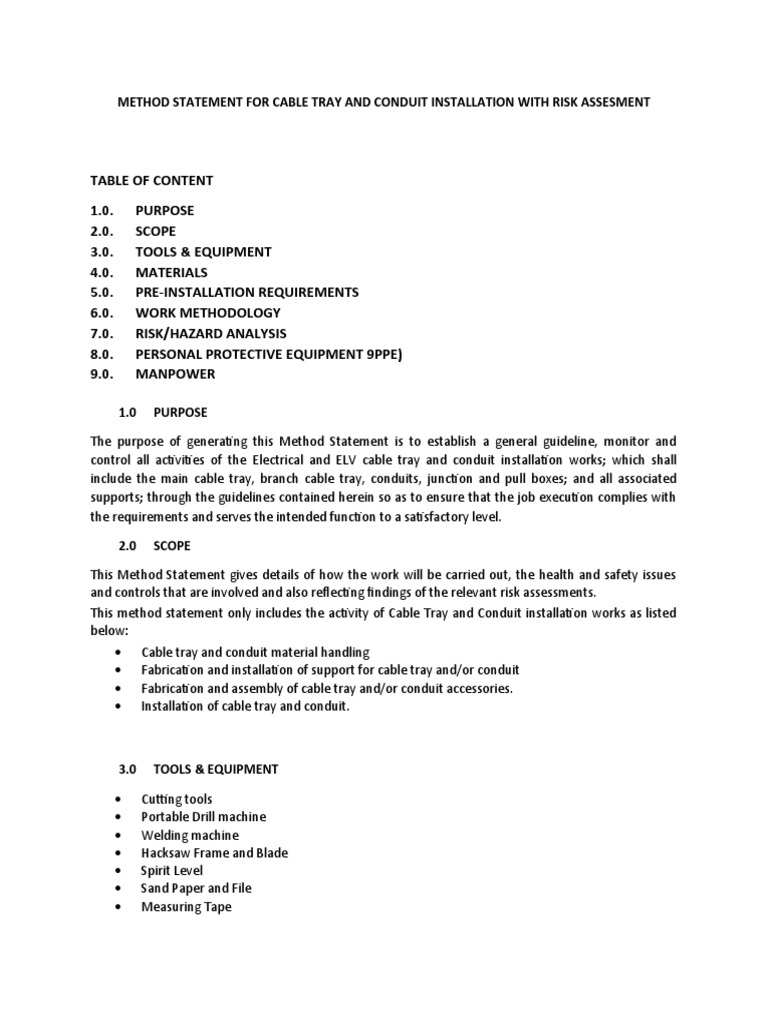 Method Statement For For Cable Tray and Conduit Installation With Risk ...