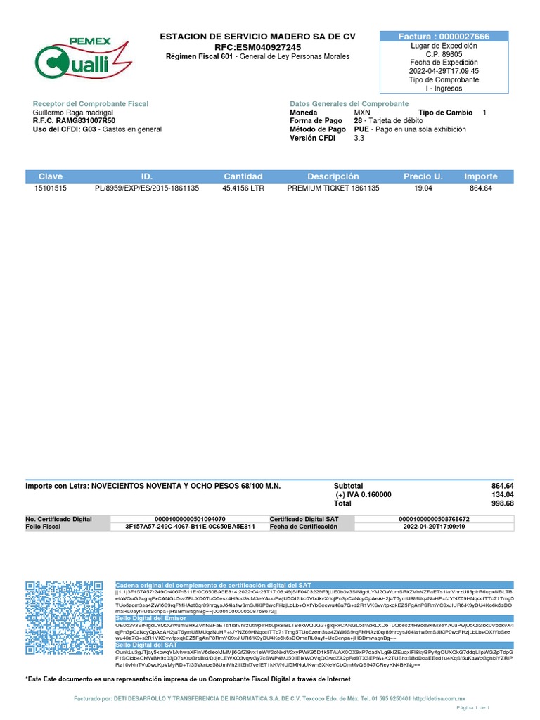 Estacion de Servicio Madero Sa de CV RFC:ESM040927245: Factura ...
