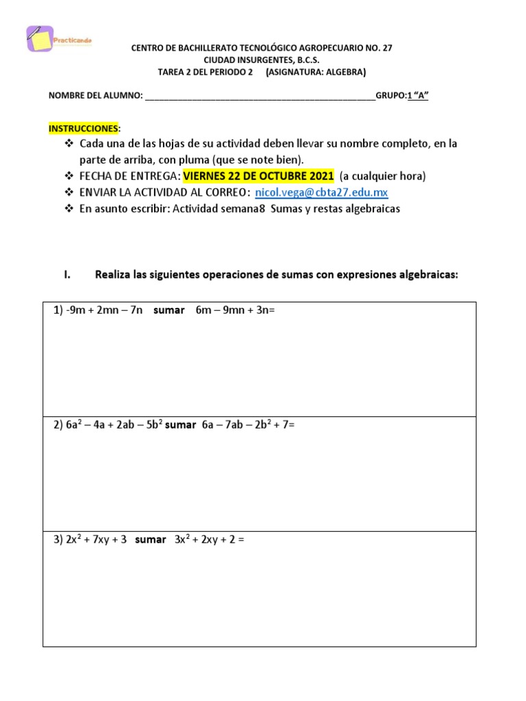 Sumas y Restas de Expresiones Algebraicas | PDF | Sustracción | Álgebra ...