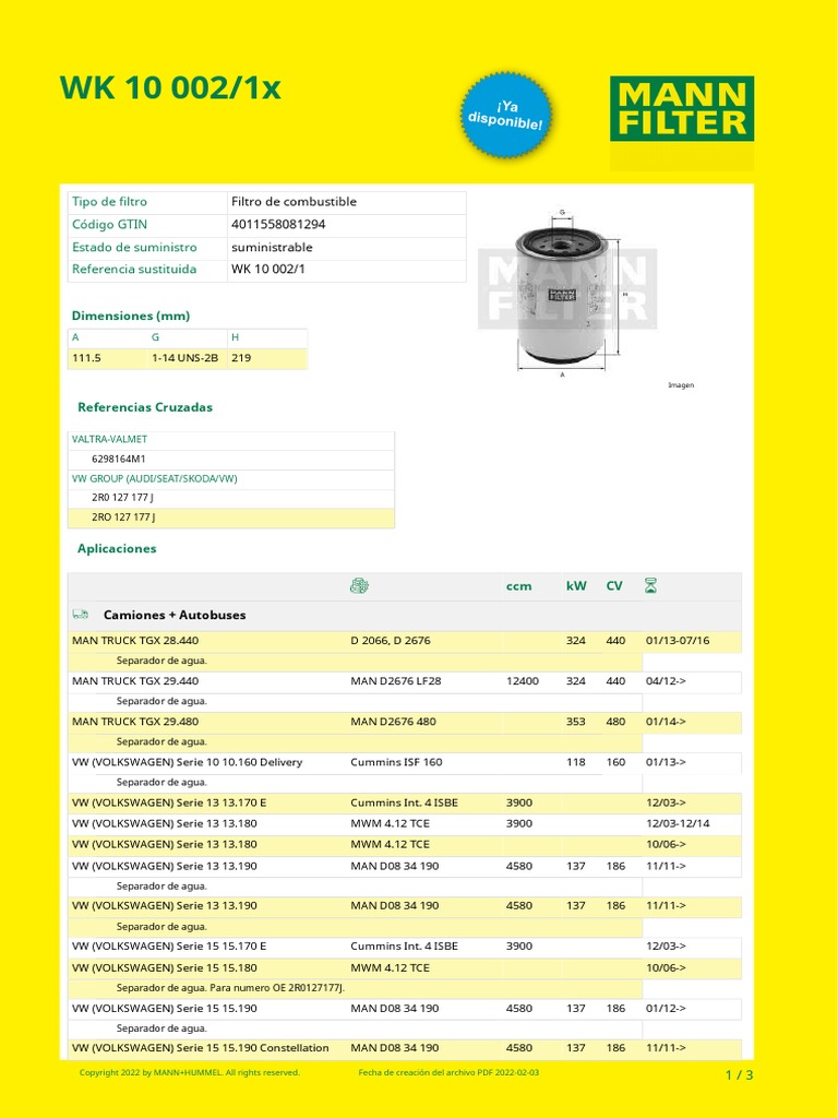 MANN-FILTER WK 10 002 1x NEW BR Spa 2022-09-07 | PDF | Vehículo de ...