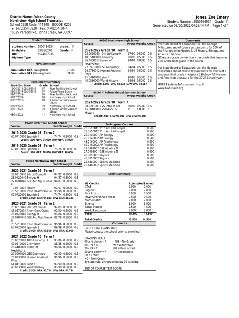 Northview High School Transcript for Zoe Jones | PDF
