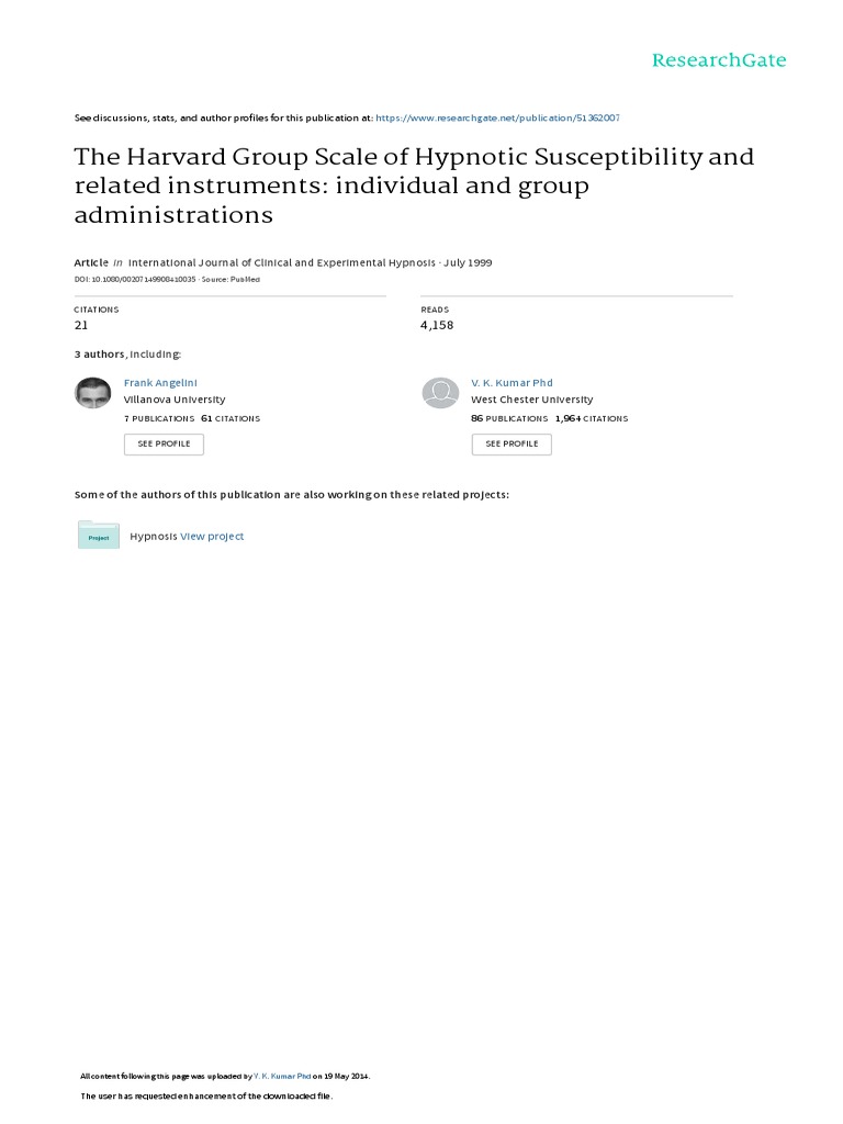 Angelini Ea - The Harvard Group Scale of Hypnotic Susceptibility | PDF ...