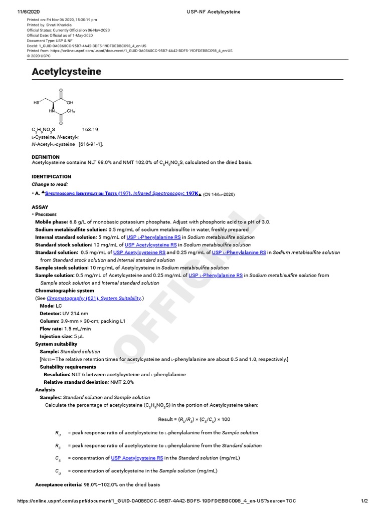 USP-NF Acetylcysteine | PDF | Buffer Solution | Sodium