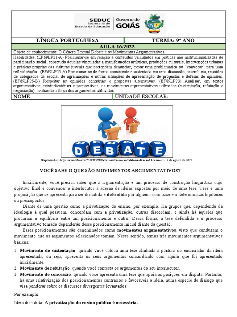 Aula 16 - 9º LP - Debate - Movimentos Argumentativos | PDF ...