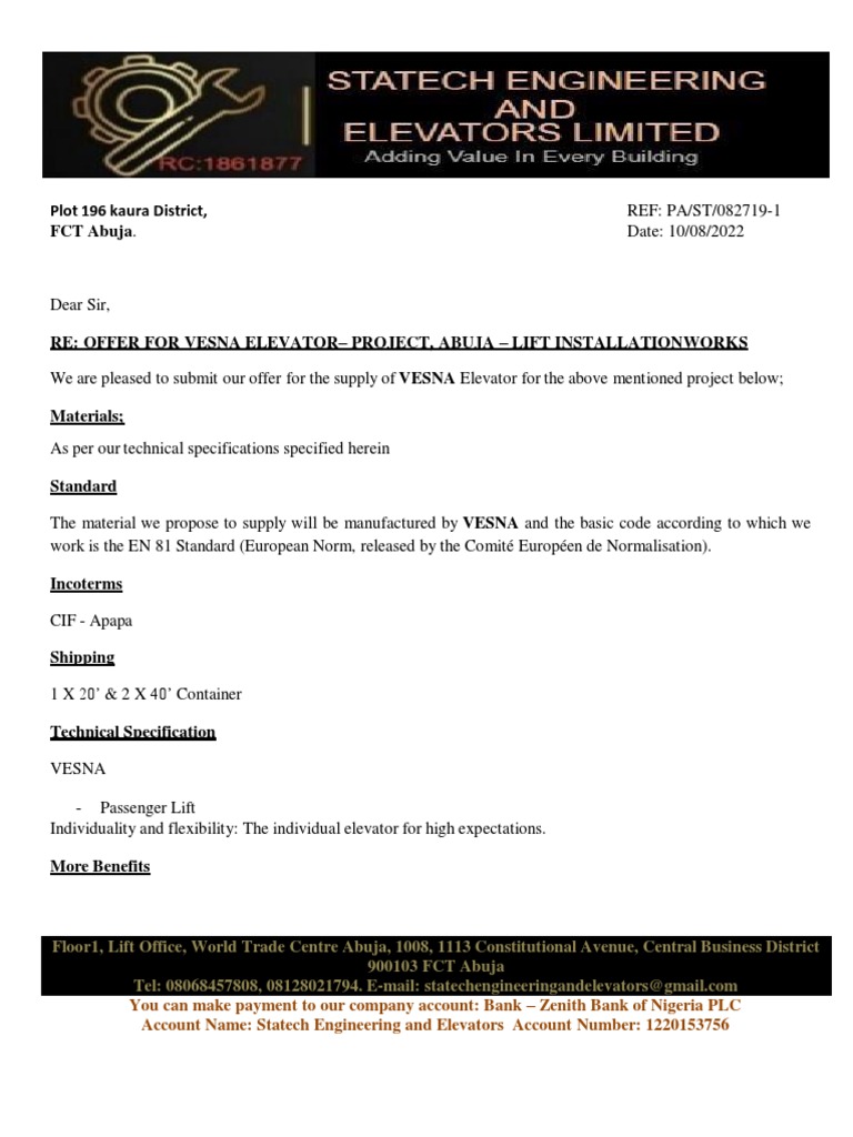 Statech Proposal For Vesna Lift Supply | PDF | Elevator | Manufactured ...