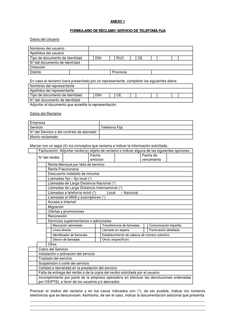 Formatos de OSIPTEL para La Presentacion de Reclamos | PDF | Telecomunicaciones | Informática