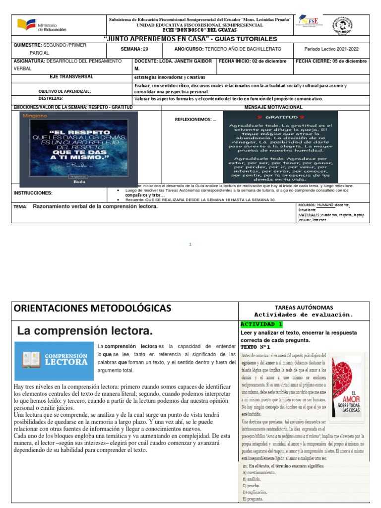 Guía tutorial para el desarrollo del pensamiento verbal a través de la comprensión lectora | PDF ...