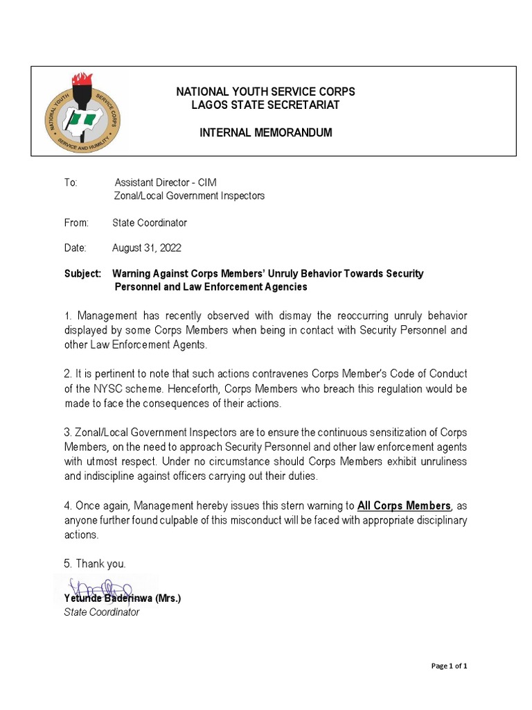 Circular - Warning Against Corps Members Unruly Behavior | PDF