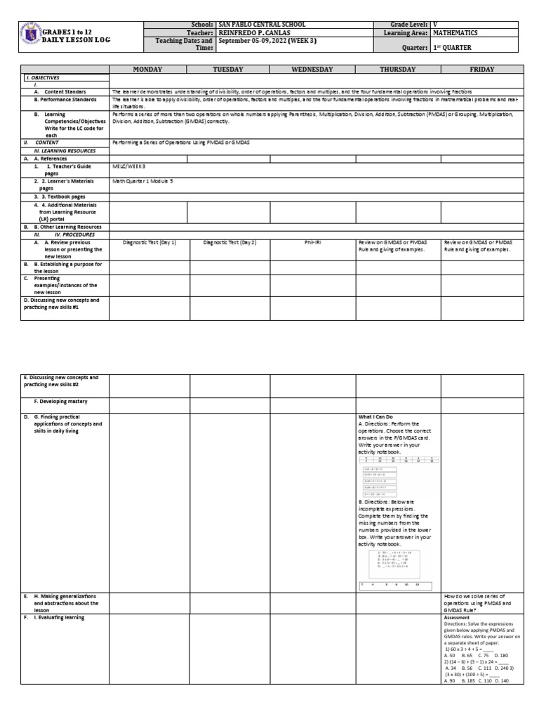 DLL - Math 5 - Q1 - W3 V.1 | PDF | Learning | Mathematics