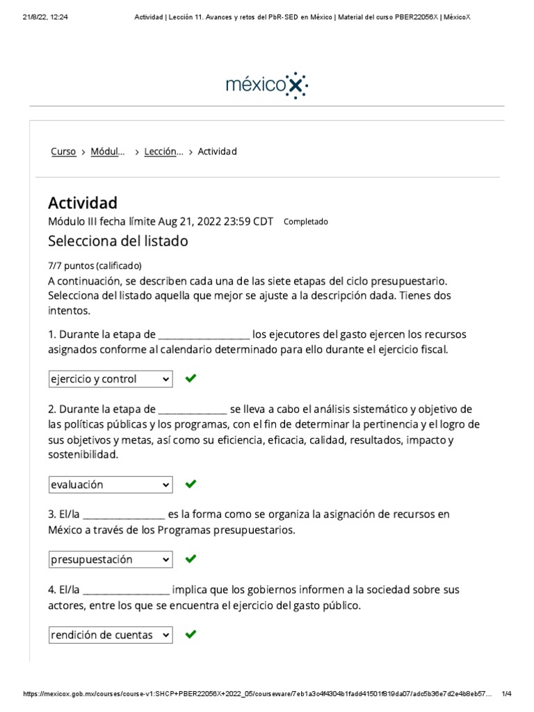 Actividad - Lección 11. Avances y Retos Del PbR-SED en México - Material Del Curso PBER22056X ...