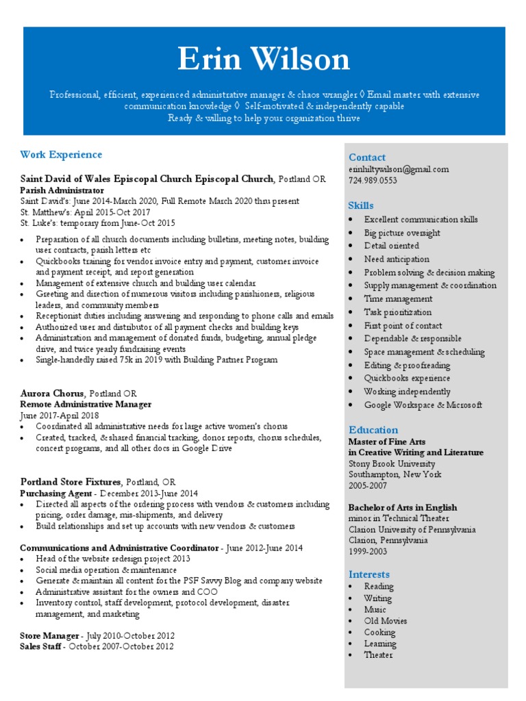 Erin Wilson: Contact Work Experience | PDF | Quick Books | Communication