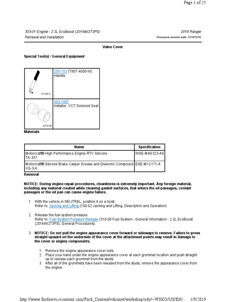 303-01 - 2.3L EcoBoost - Removal and Installation - Valve Cover | PDF ...