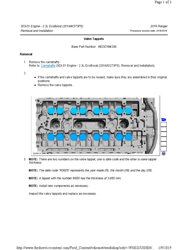 303-01 - 2.3L EcoBoost - Removal and Installation - Valve Tappets | PDF
