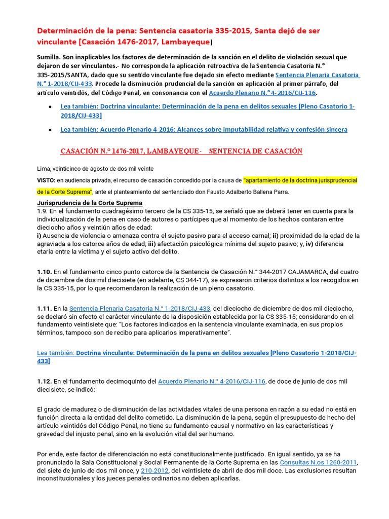 CASACION 1476-2017 DEJA SIN EFECTO Sentencia Casatoria 335-2015 DETERMINACIÓN DE LA PENA | PDF ...